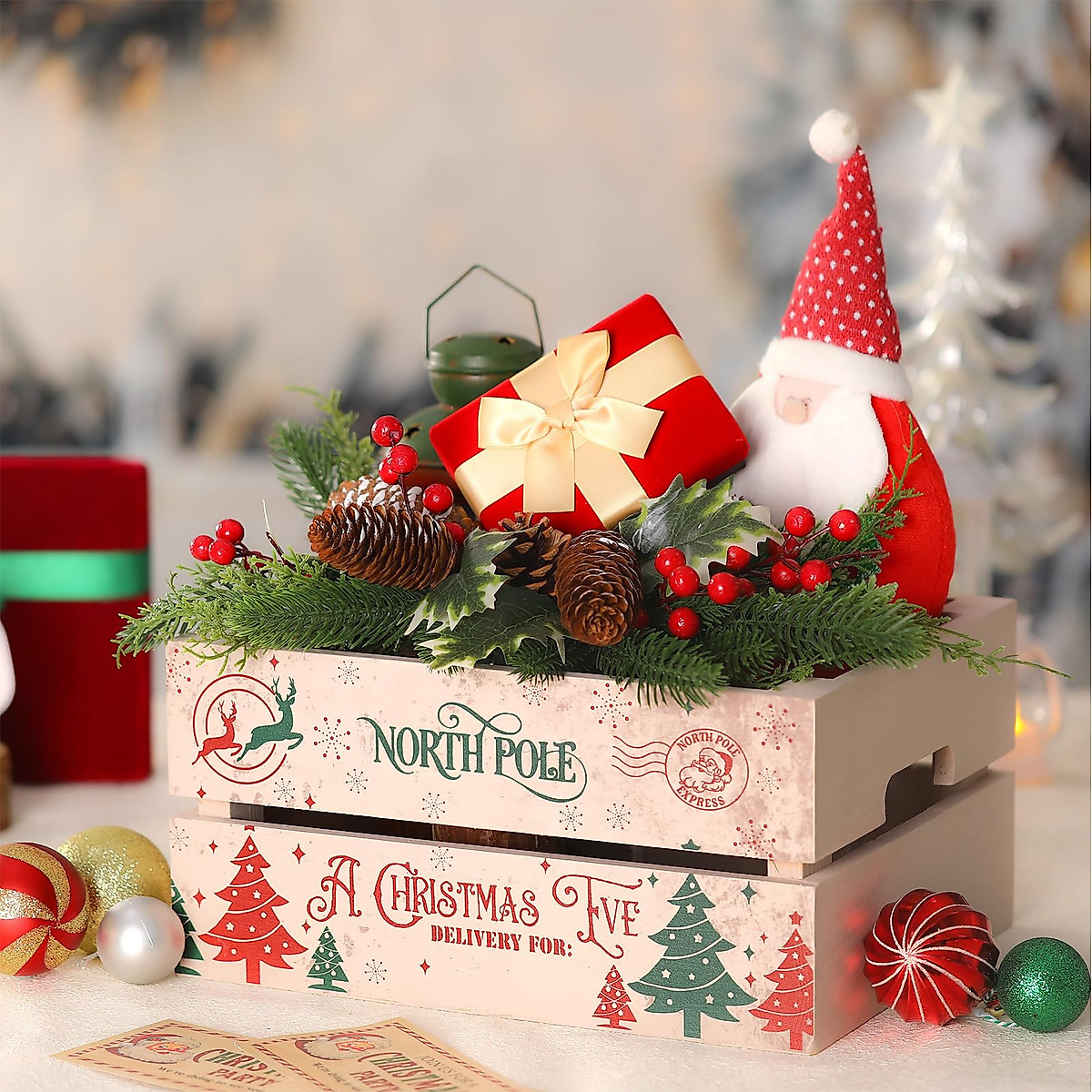 Soaoo Christmas Eve Gift Box Christmas Crate Wooden Christmas Box Xmas Santa Box for Kids Christmas Eve Crate Christmas Decor Reindeer Decor Holiday Winter Party Decor Ornaments Supplies (Wood)