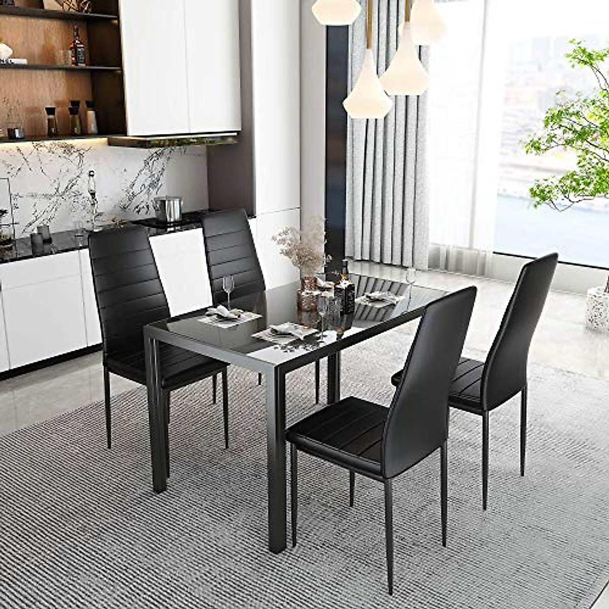 DKLGG 5-Piece Kitchen Table Set for Dining Room, 4 Faux Leather Metal Frame Chairs, Dinette, Compact Space w/Glass Tabletop, 47.25'' L x 27.56'' W x 29.5'' H, Black…