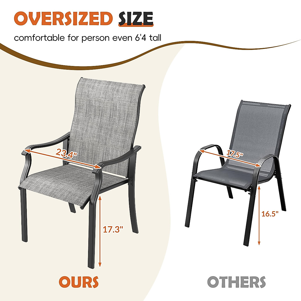 UDPATIO Patio Dining Chairs Set of 6, High Back Wide Seat Outdoor Furniture Chairs with All Weather Breathable Textilene, for Lawn Garden Backyard Deck, Grey White