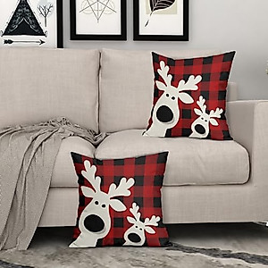 Deer Christmas Pillow Covers 16X16 Inch Xmas Reindeer Black Red Buffalo Plaid Checkered Couch Pillow Cases Set of 2 Winter Holiday Cotton Cushion Case Farmhouse Home Decor For Bed Sofa Couch Room