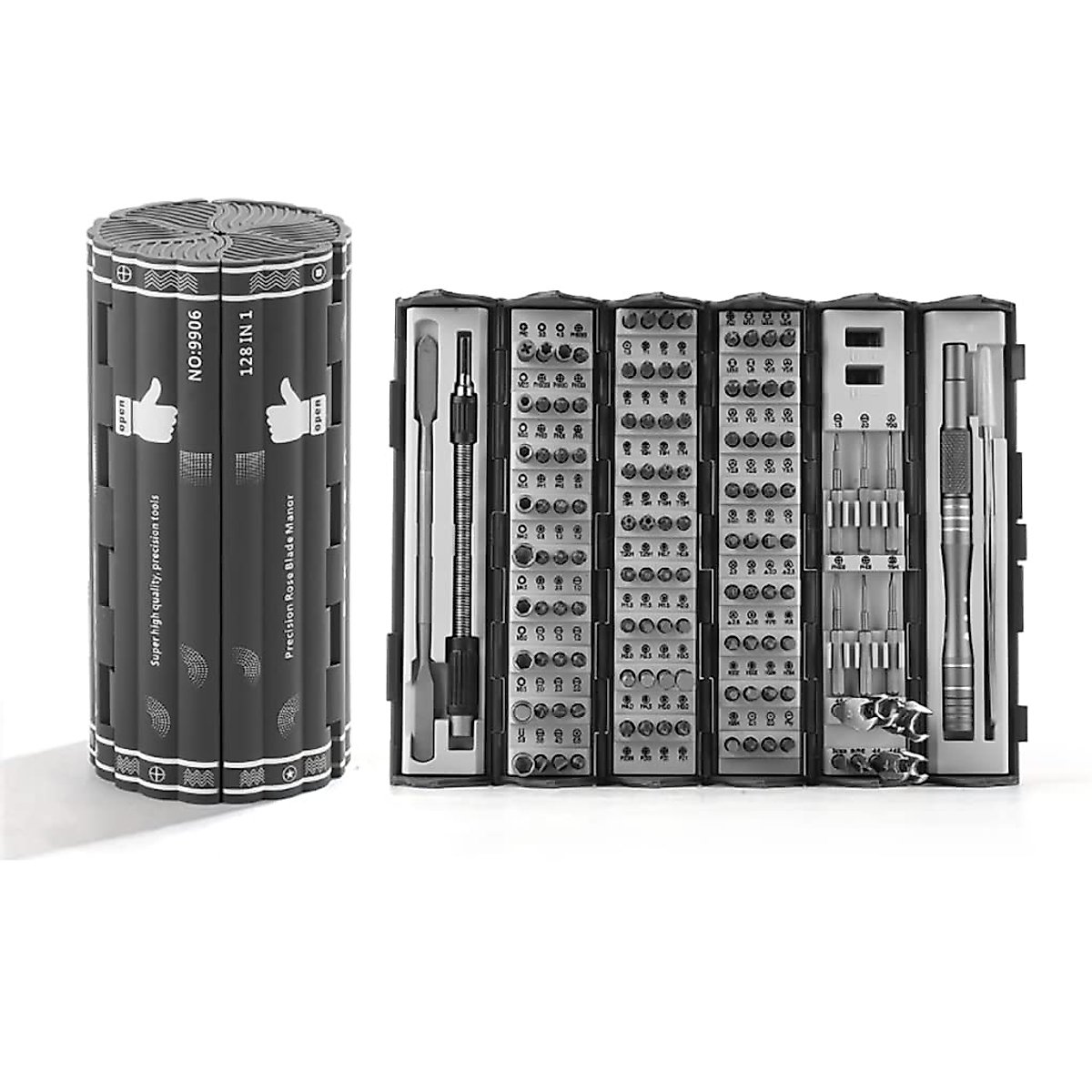 Precision Screwdriver Set Cylinder Organizing Case 128pcs in 1 Case S2 Alloy Steel HRC 56 Hardness Bits Space-saving Roll-up Case Professional Toolset Magnetizing Bit Heads for most sizes (9906)