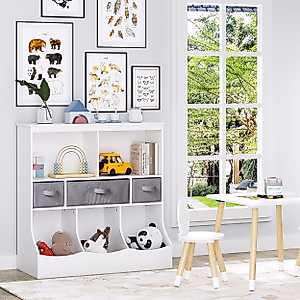 UTEX Toy Storage Organizer with Bookcase, Kids Bin Storage Unit with 8 Compartments and 3 Baskets, Toys Box, Multi Shelf Cubby for Books, Toys,White