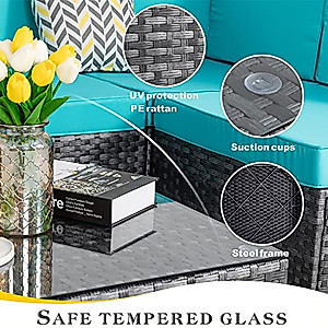 SUNLEI 5pcs Patio Outdoor Furniture Sets Conversation Set,Low Back All-Weather Rattan Sectional Sofa with Tea Table&Washable Couch Cushions(Silver Rattan)(Blue)