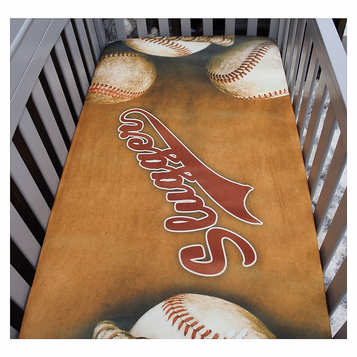 Dear Baby Gear Deluxe Crib Sheet Cotton Polyester Crib Sheets, Soft Machine-Washable Crib Sheet, Baby Bed Sheets - Slugger Baseball Glove and Baseballs on Brown Print, 52"x28"x10"