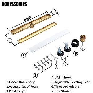 24 inch Linear Shower Drain with Removable Square Hole Panel by Using Brushed 304 Stainless Steel Process, Linear Drain Equipped with Adjustable Feet and Hair Strainer(Brushed Gold Color)