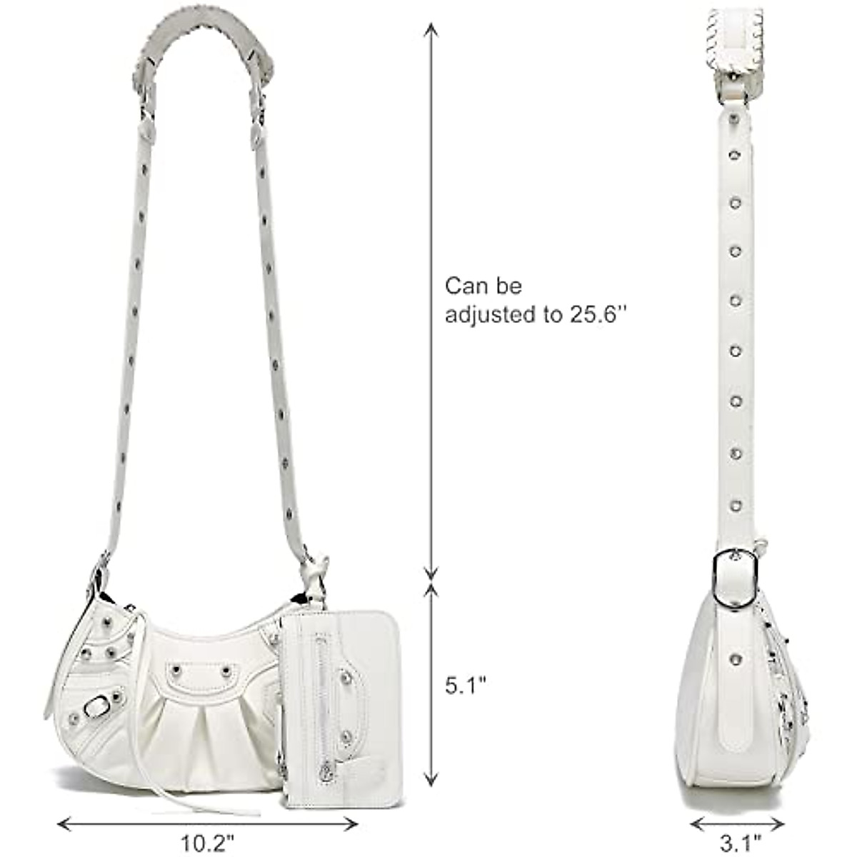 CATMICOO Shoulder Bag for Women Punk Style Rivet Satchel Handbags Y2K Purse with Removable Zipped Pouch