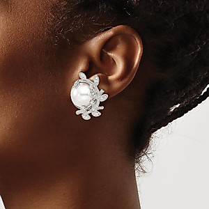 925 Sterling Silver Simulated Pearl Cubic Zirconia CZ Leaf Non Pierced Clip On Earrings