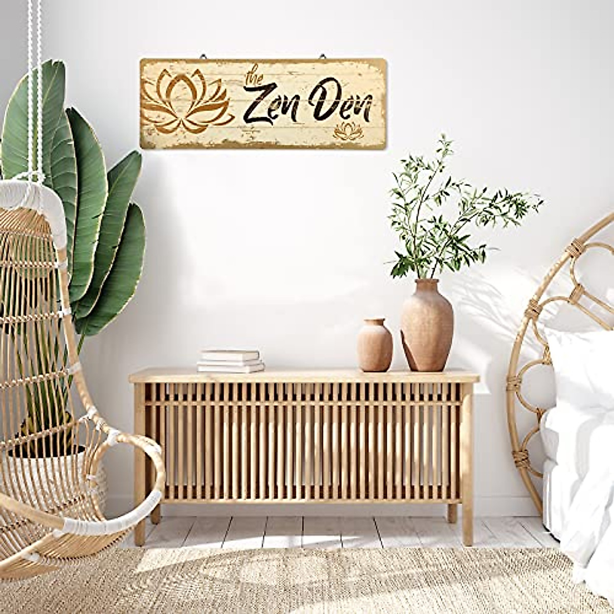 The Zen Den Lotus Wood Sign 15.75 x 5.9 Inch Lotus Yoga Sign Wooden Hanging Wall Sign with Hooks Meditation Home Decor for Yoga Studio Bathroom Bedroom Spiritual Room Decoration (Light Yellow)