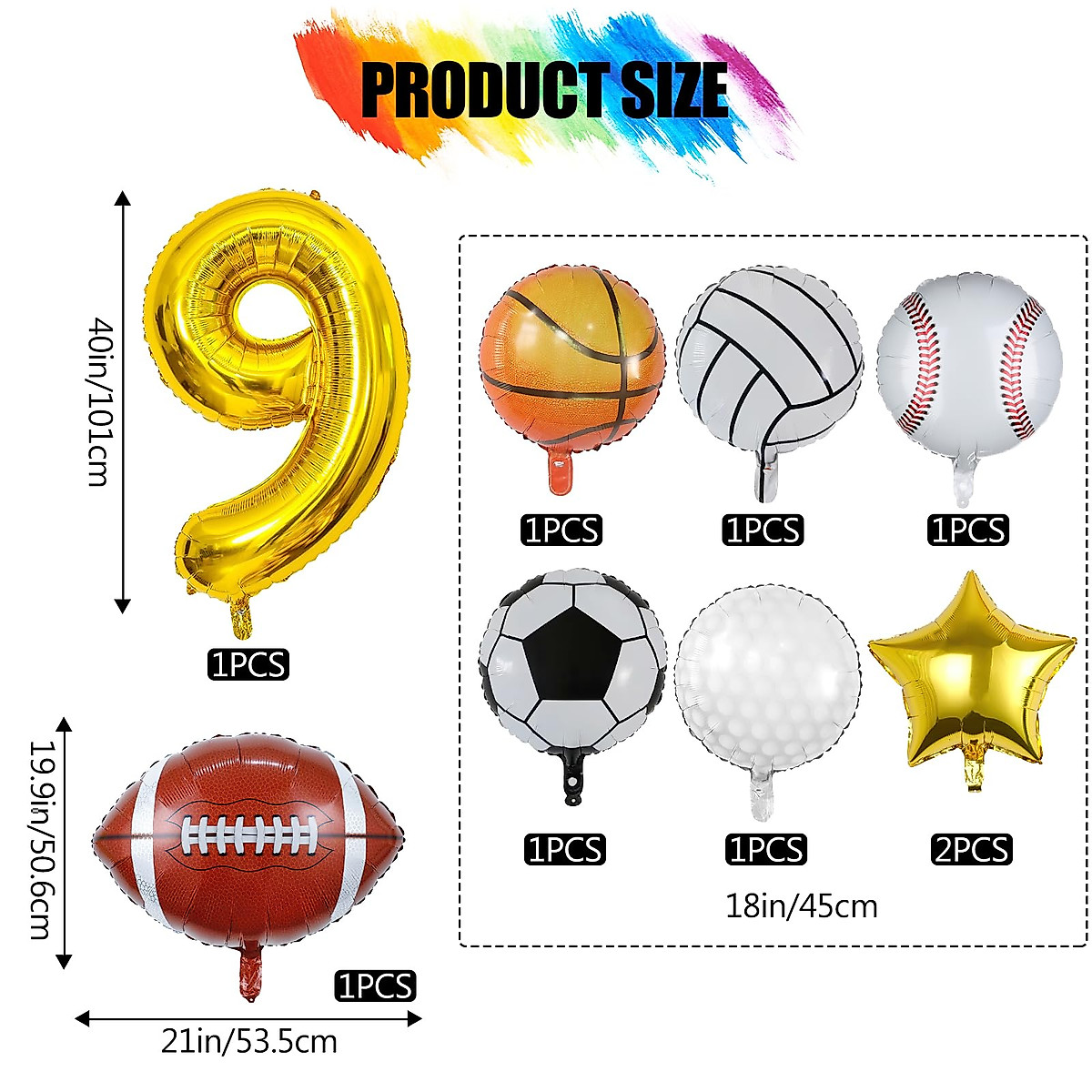 9 Pieces Sports Balloons, Football, Basketball, Baseball, Volleyball, Golf and Soccer Foil Balloon, Sports Birthday Number Mylar Foil Balloon, Sport Theme Birthday Party Supplies Decorations (9th)