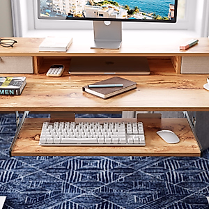 CubiCubi 55 x 24 Inches Large Height Adjustable Desk with Storage Shelf, Electric Standing Desk with Keyboard Tray, Ergonomic Workstation for Home Office, Light Rustic Brown Top