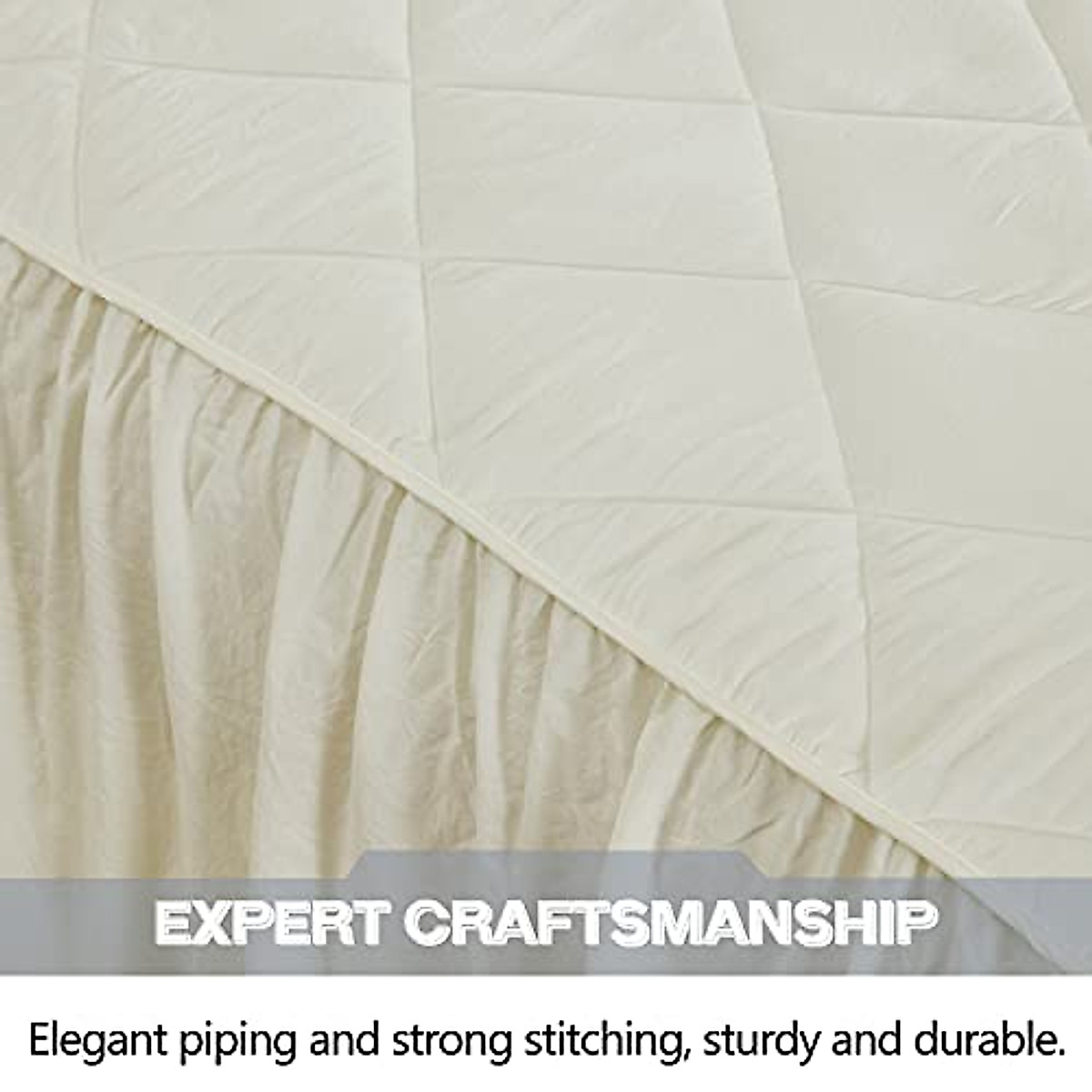 HIG 3 Piece Farmhouse Ruffled Skirt Bedspread Set King, Chic Ivory Diamond Stitched Coverlet with 30" Drop Dust Ruffle, French Country Bedding Collections for Bedroom Decor, Washed Microfiber (Elain)