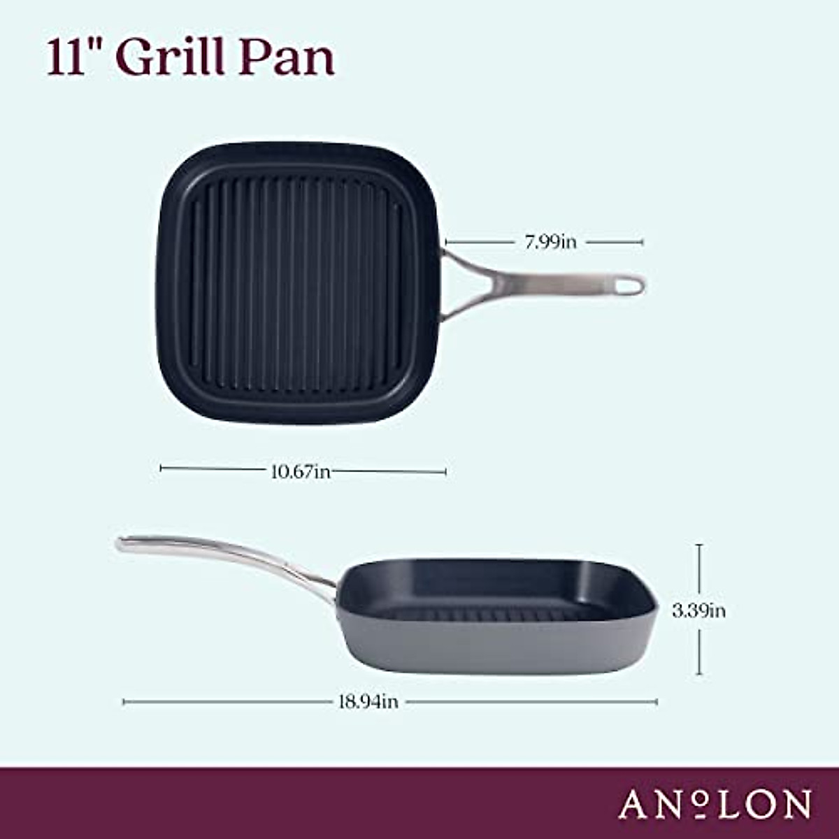 Anolon Allure Hard Anodized Nonstick Deep Square Griddle Pan/Grill, 11 Inch, Dark Gray
