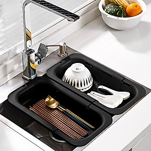 KesaPlan Collapsible Sink Colanders and Strainers Basket Extendable Plastic Fruit Vegetable Strainer Drainer Basket for Kitchen (Length 13.6 inch-18.7 inch) (black)