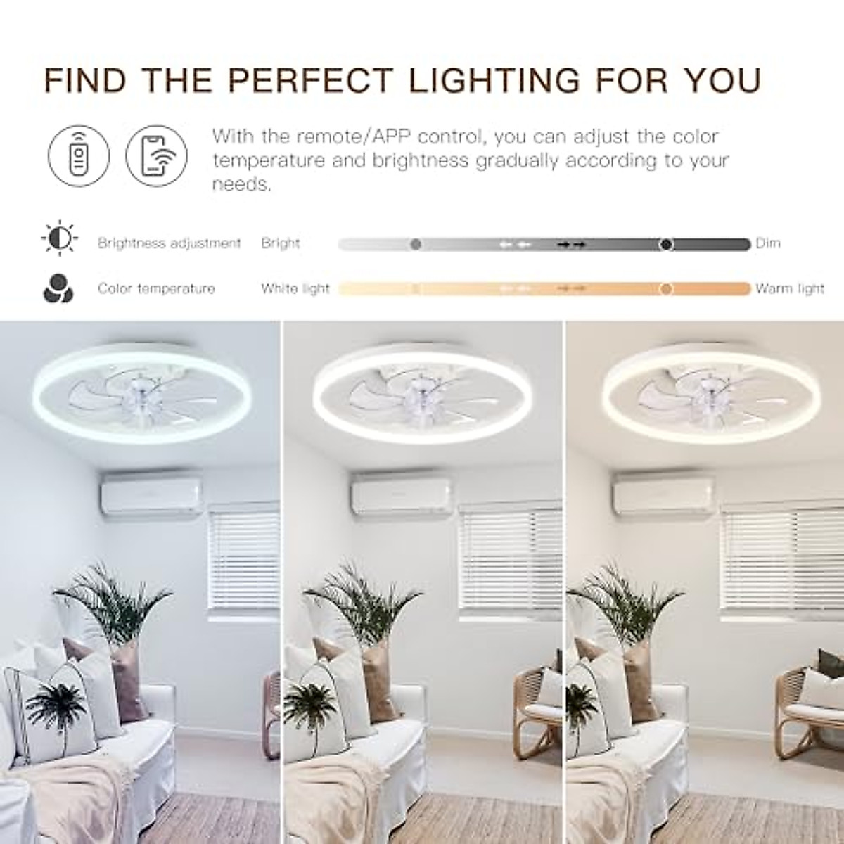 STERREN Ceiling Fans with Lights,20" Low Profile Ceiling Fan with Remote Control, Modern Flush Mount Ceiling Fan,White Fan Light for Bedroom, Living Room,Kitchen,Small LED Ceiling Light Fixture