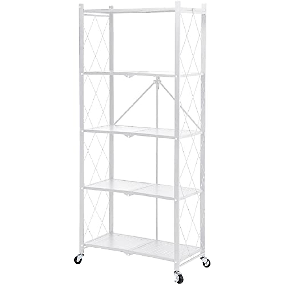 MagicFox Foldable Storage Shelf Unit on Wheels Large Capacity (No Assembly) Heavy Duty Steel 5-Shelving Organizer Rack for Kitchen, Garage and Laundry Bathroom Tool Organization(5 Tier (White)