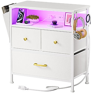 Widened Nightstand with Charging Station and LED Lights, Various Storage Modern Night Stand Bedside Table End Table with 3 Deep Drawers and Shelf, White Dresser for Bedroom (Glacier White)