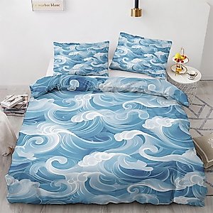 QpaZynthy Japanese Wave Bedding Queen Size, Blue Ocean Duvet Cover Set 3 Pieces, Nautical Abstract Duvet Cover and 2 Pillow Shams, Soft Microfiber Comforter Cover with Zipper Closure
