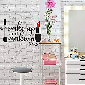Wake up and Make up Quote Wall Decal Sticker, AUHOKY Unique Art Words Peel and Stick Space Wall Stickers, Removable DIY Mural Decor Wallpaper for Dressing Room Girls Bedroom