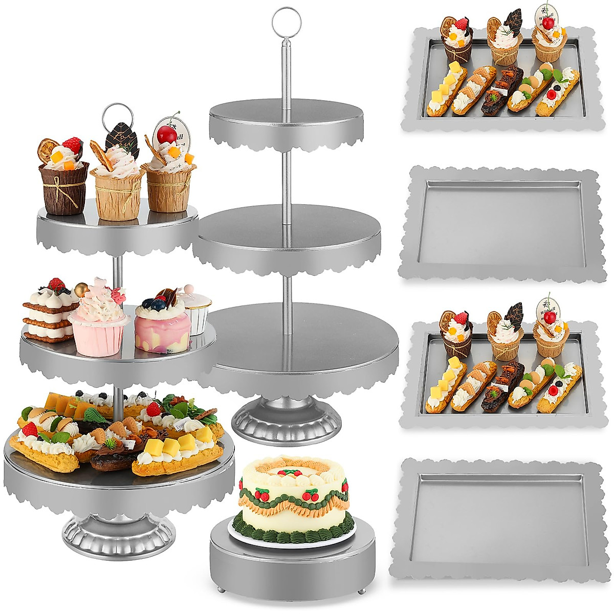Uiifan 7 Pcs Cake Stand Set Metal Dessert Table Display Stands 3 Tiered Cupcake Holder Serving Tray Round Cake Plates Decoration for Birthday Party, Wedding, Teatime, Festival (Silver)