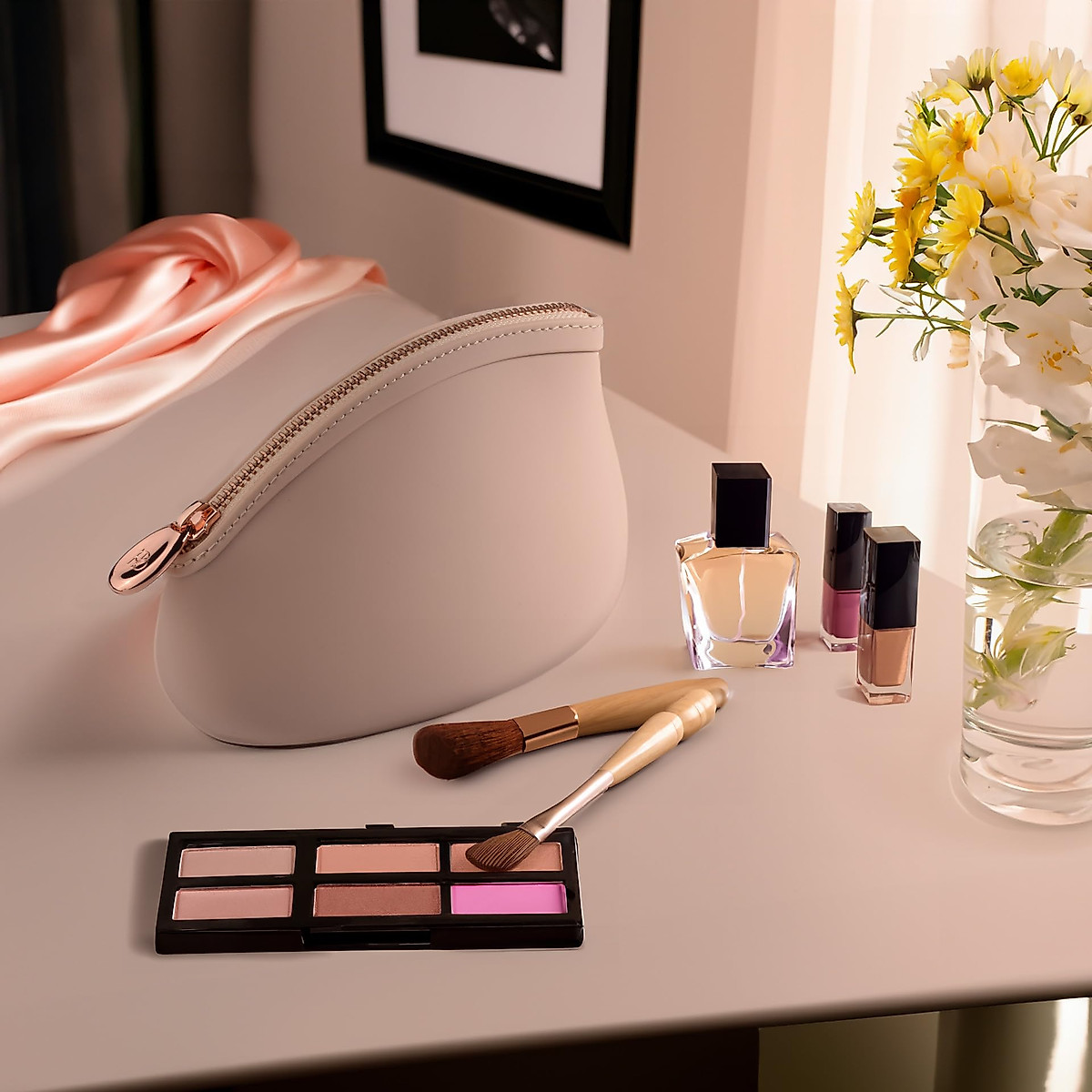 Cosmetic Bag by Pudinbag | Small Makeup Bag for Women | Cosmetic Makeup Pouch for Purse | Silicone Waterproof Vegan | Beige