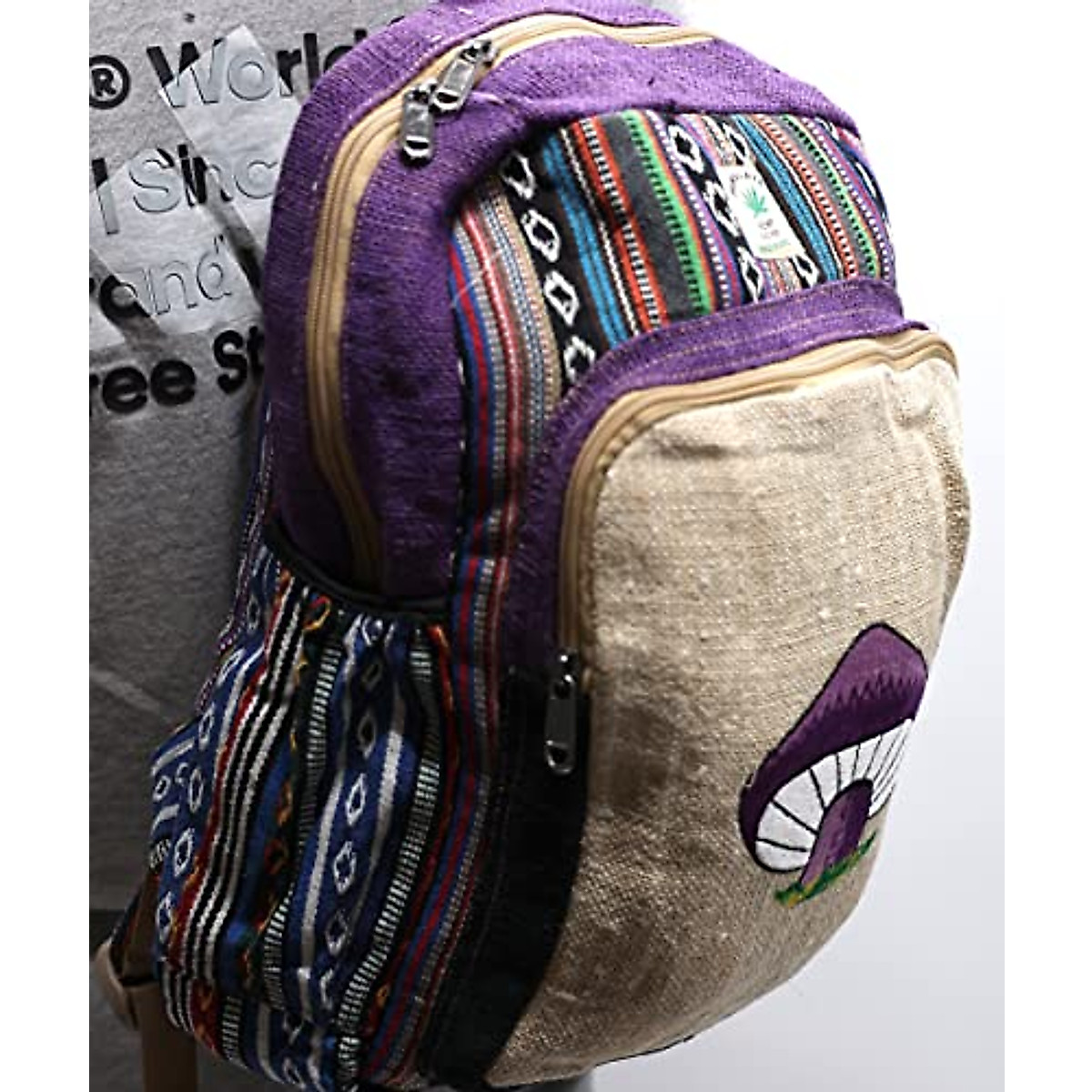 Himalaya Handmade Unique Mushroom Hand Embroidery 100% Himalaya Hemp Backpack Hippie Backpack Festival Backpack Hiking and Laptop Backpack Purple