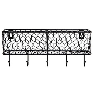 MyGift Wall Mounted Farmhouse Matte Black Chicken Wire Metal Entryway Mail Holder Letter Organizer Storage Basket with 5 Key Hooks