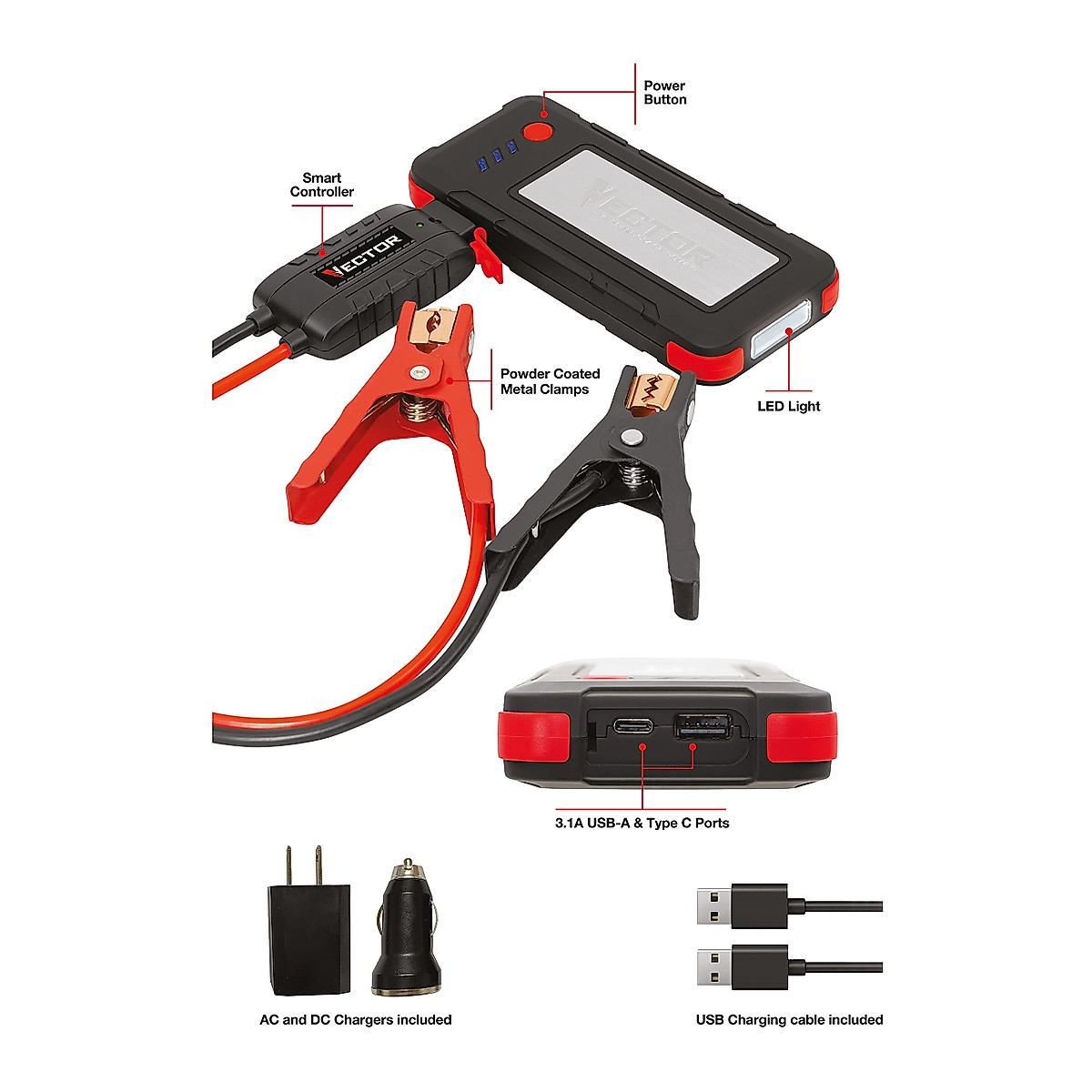 VECTOR SS6LV 1200 Peak Amp Lithium Jump Starter Battery Booster, USB-A(2.1 Amps), USB-C(3.1 Amps), Power in & Out, LED Work Light, & Heavy Duty Powder Coated Clamps