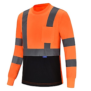 AYKRM Safety Shirts for Men Long Sleeve Safety T Shirt Reflective High Visibility hi vis Long Sleeve T Shirt (Orange, L)