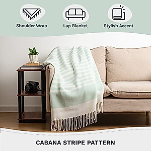 Striped Throw Blanket - Farmhouse Style Throws with Cabana Stripe Coastal Beach Pattern - Soft Light Woven Blankets with Stripes for Sofa, Bed, Outdoor, Patio - 50 x 60 in. (Light Green)