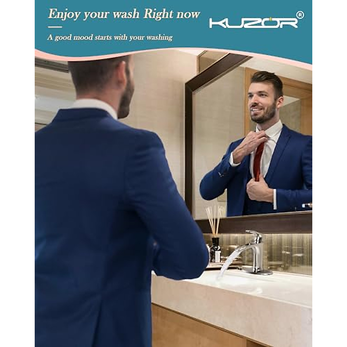 KUZOR Single Hole Bathroom Faucets Brushed Nickel, Waterfall One Hole Bathroom Faucet with Metal Pop Up Drain, Solid Brass Faucet for Bathroom Sink, Brush Nickel