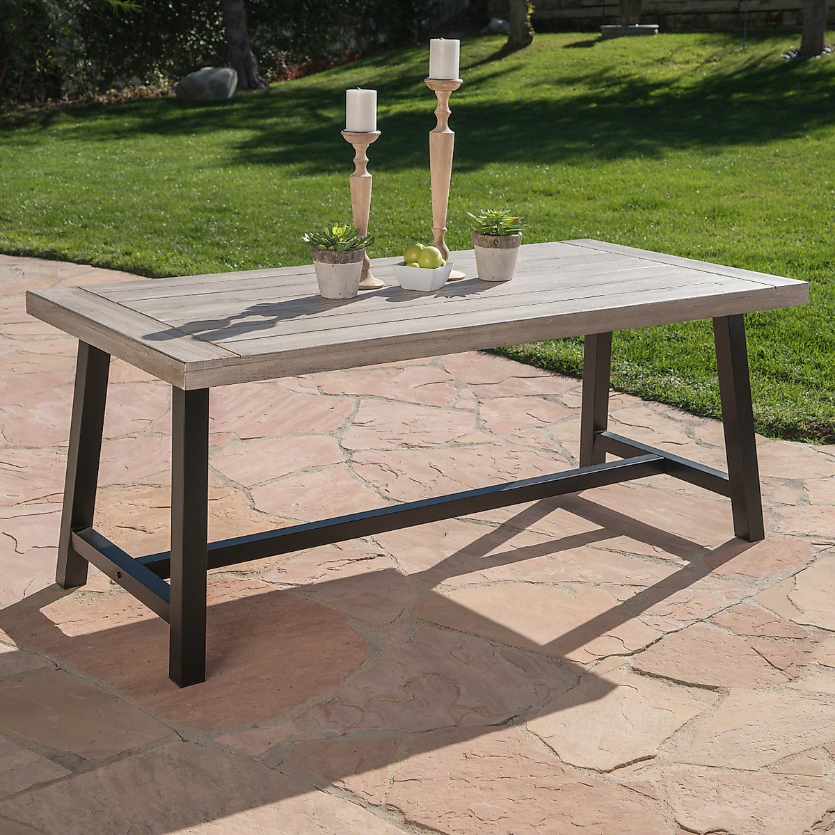 GDFStudio Outdoor Acacia Wood Dining Table, Sandblasted Light Gray