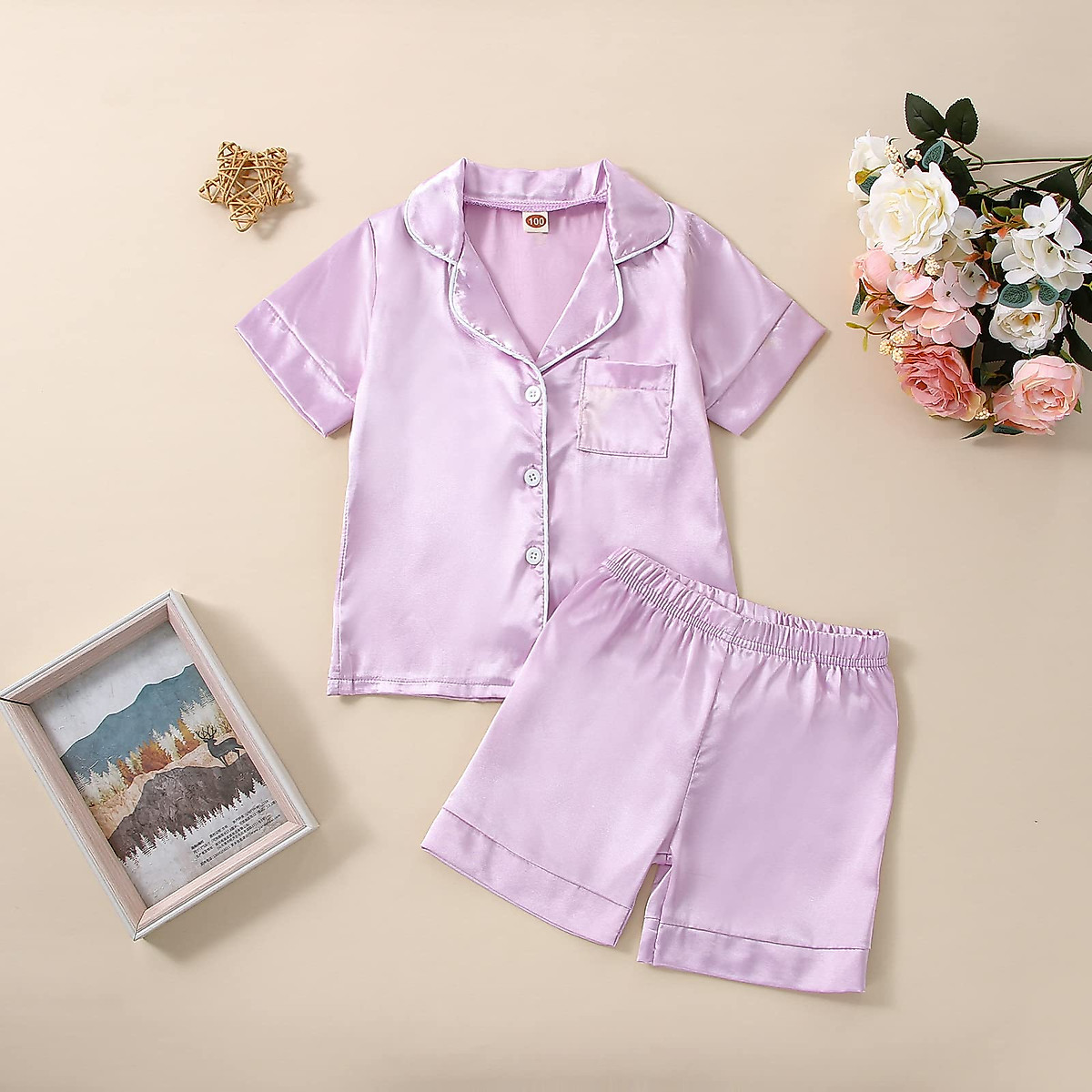 One opening Boy Girl Baby Pajamas Satin Toddler Pajamas Button Down Sleep Suit Kids Pajamas Set Boys Pajamas Girls Pjs (A-Purple, 6-12 Months)