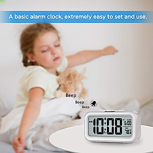 Peakeep Night Light Digital Alarm Clock Battery Operated with Indoor Temperature, Desk Small Clock (White)