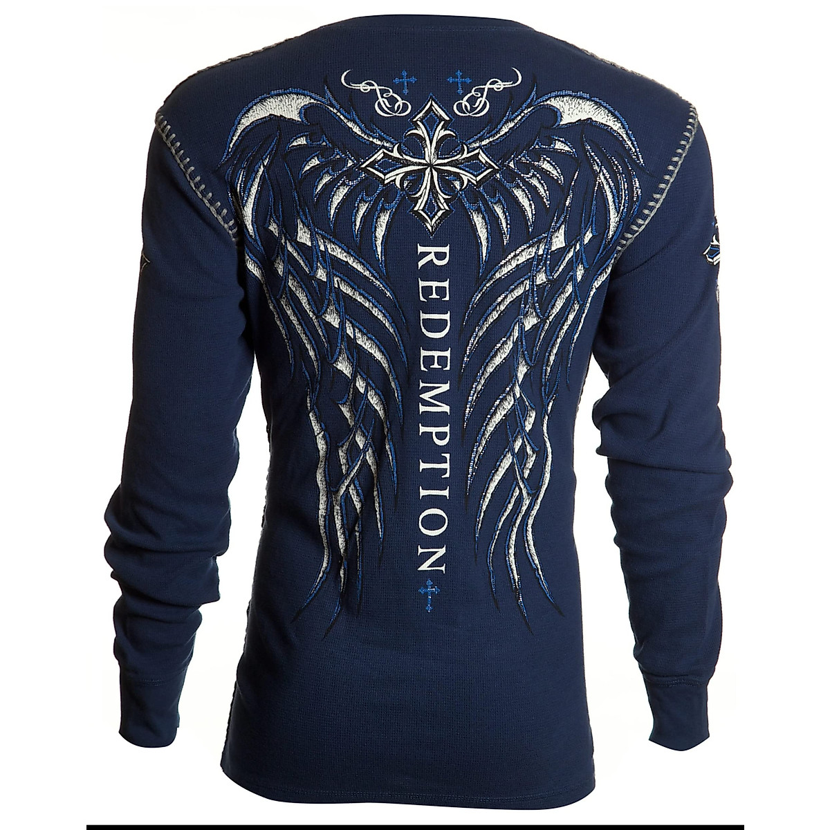 Archaic by Affliction Men's Thermal Shirt Spine Wings Navy M