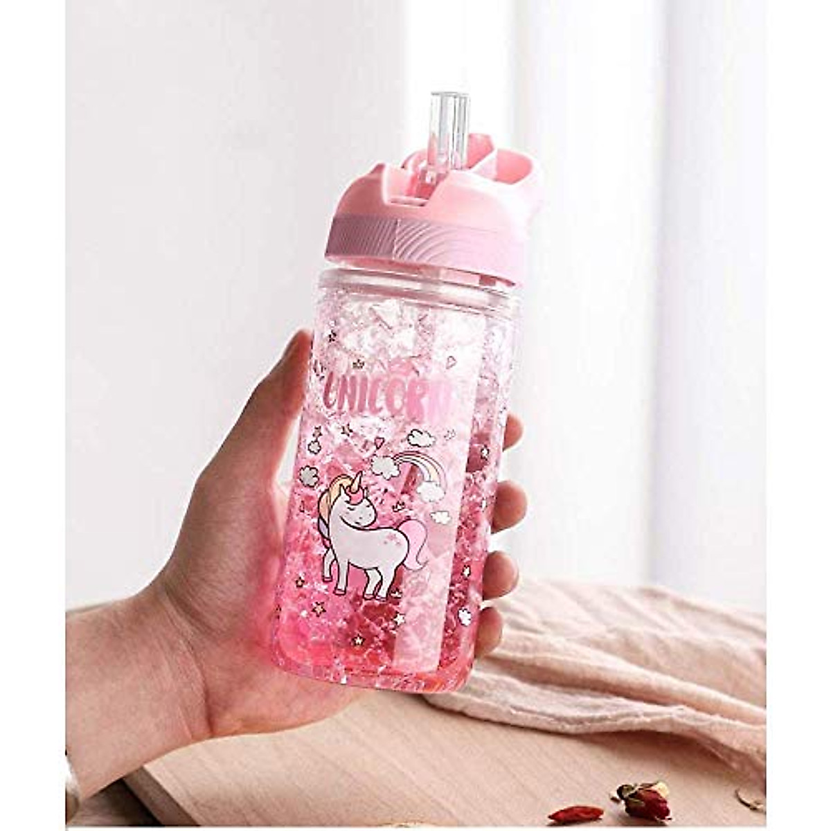 ANNAKIKI Unicorn Water Bottles for Girls, Cute Girls Water Bottles for School, Girls Unicorn Water Bottle with Straw and Safety lock, 400ML/13.5oz Kids Water Bottles for School Kids Girls, Pink