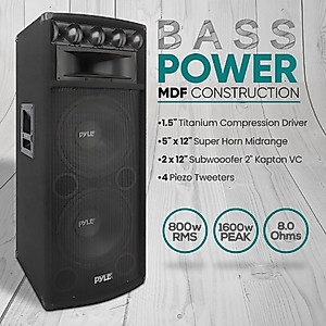 Pyle Portable Cabinet PA Speaker System - 1600 Watt Outdoor Stereo Sound Speakers w/ Dual 12" Woofers, 3.4" Piezo Tweeters, 5"x12" Super Horn Midrange, Crossover Network