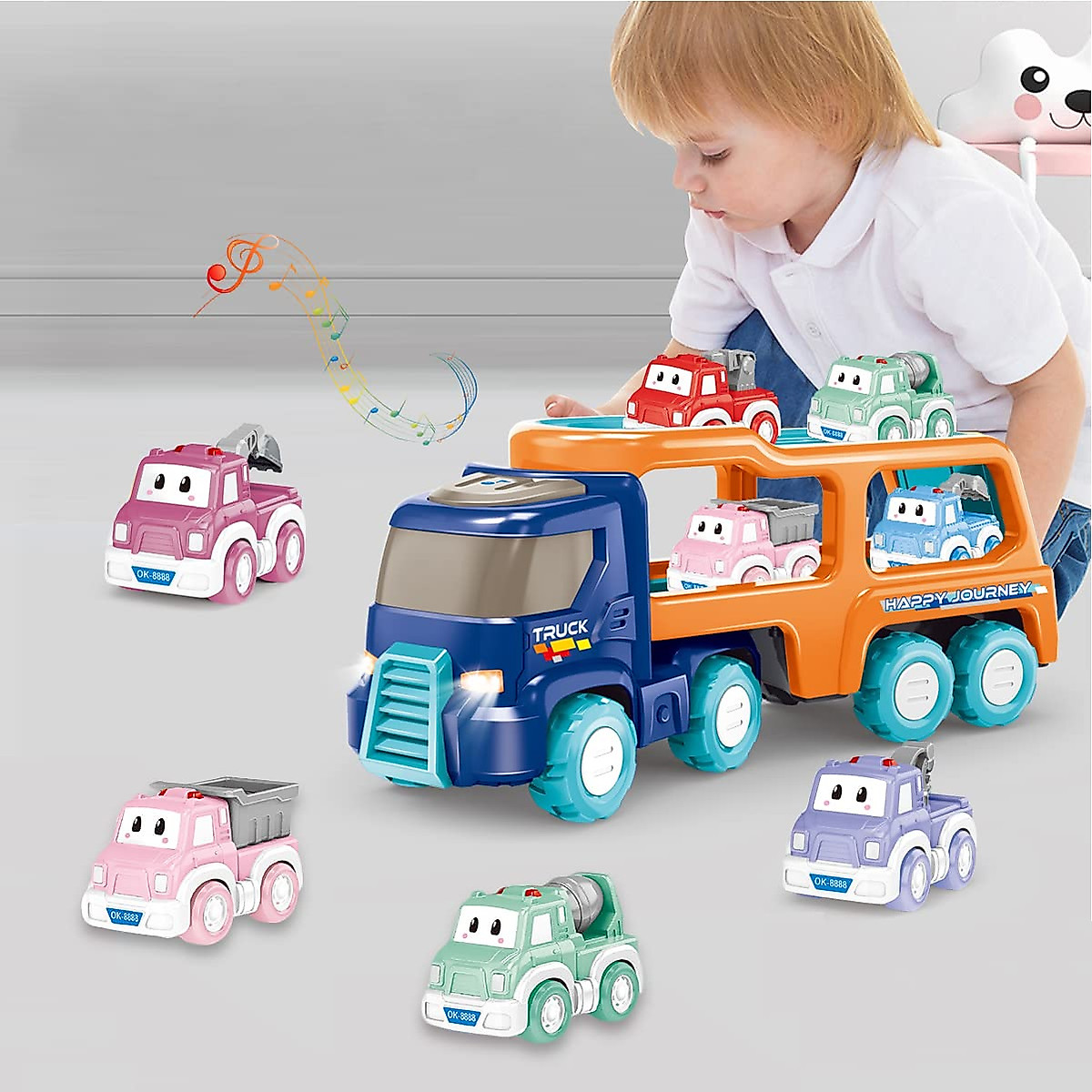 QXTTS Toddler Trucks Toys for 1 2 3 Year Old Boy Girl, with Sound and Light 7 in 1 Transport Vehicles Toy Set with 6 Different Small Toy Car, Gifts for Toddlers Age 1-3