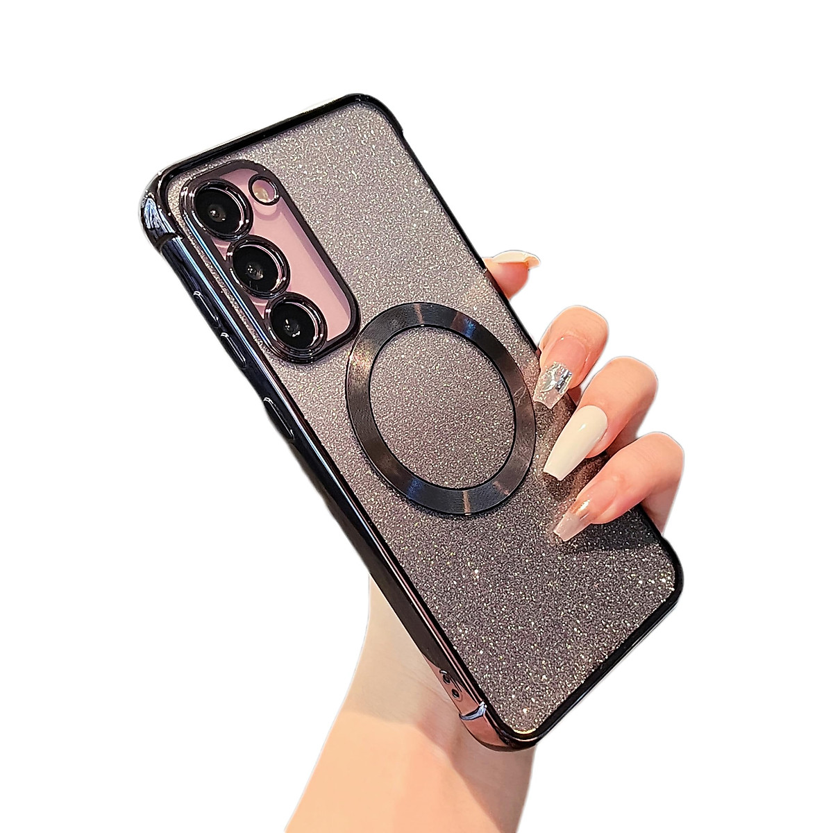 ZTOFERA Clear Magnetic Case for Samsung Galaxy S23 Plus 5G with Gradient Glitter Peice(2 in 1), Luxury Plating Cute Transparent Bling Sparke Case for Women Girls,Shockproof TPU Protector Cover-Black