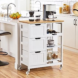 Yaheetech Kitchen Island Cart on Wheels with 3 Drawers and 3 Open Shelves, Rolling Kitchen Island Coffee Bar Trolley with Bamboo Countertop, Removable Tray & Lockable Casters for Dining Room, White