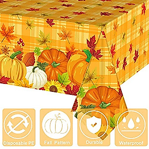 Set of 4 Fall Plastic Tablecloths Pumpkin Maple Leaf Table Covers Fall Plaid Disposable Tablecloths Autumn Checkered Waterproof Tablecloth for Thanksgiving Party Supplies Halloween, 54 x 108 Inch