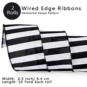 2 Rolls 10 Yards Horizontal Stripe Wired Ribbon Burlap Ribbon for Wreath, Bows Decor (Black)