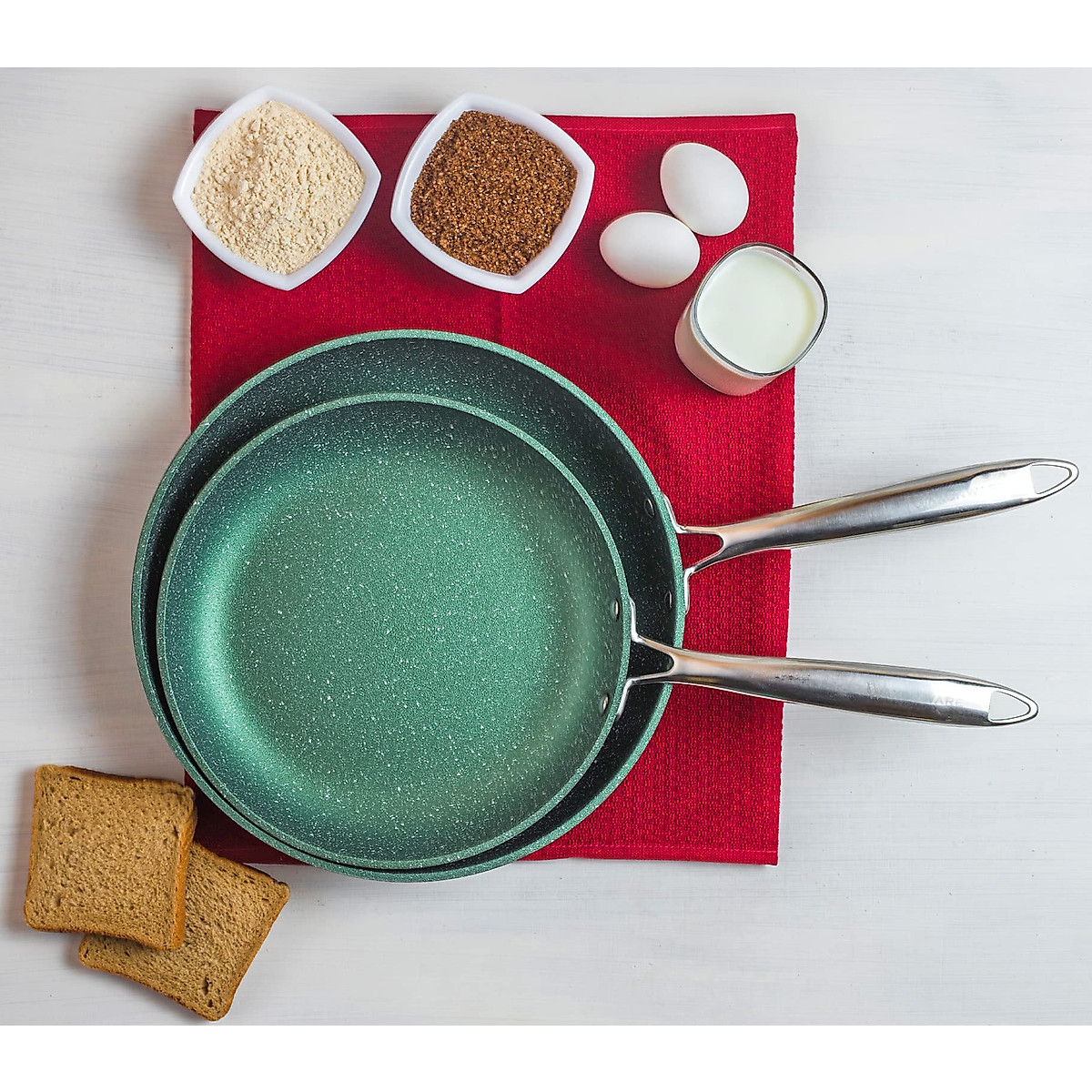 WaxonWare Induction Nonstick Frying Pan Set PFOA Free, Green, 9.5 & 11 Inch Non Stick Skillets, Metal Utensil Safe Emerald Series