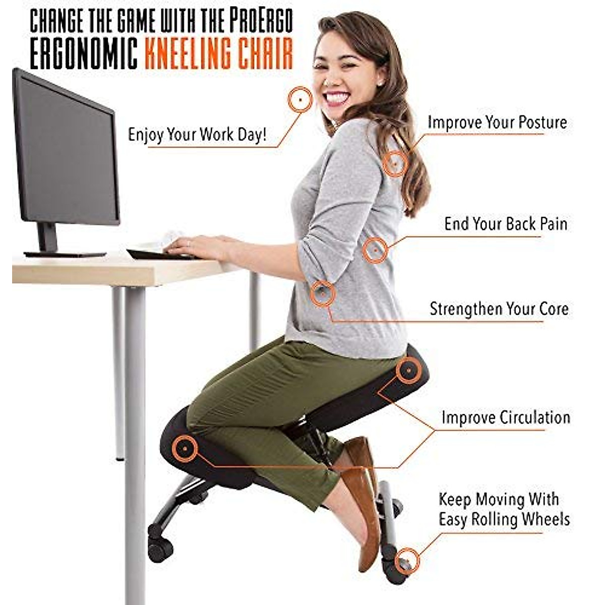 Posture Pro Ergonomic Kneeling Chair with Wheels | Fully Adjustable Mobile Office Seating | Improve Posture & Relieve Back Pain | Easy Assembly | Kneeling Desk Chair for Home, Office & School (Black)