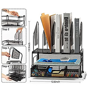 Beiz Desk Organizer and Accessories Storage with 5 Vertical File Folder Holders, 2 Paper Tray, Drawer for Office, Home, Dorm, Workspace to Collect Office Supplies (Black)