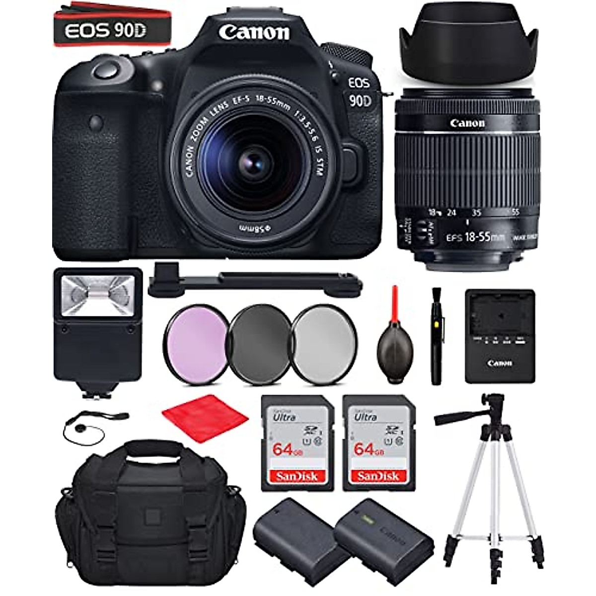 90D DSLR Camera with EF-S 18-55mm f/3.5-5.6 is STM Lens Bundle, Starter Kit with Accessories (Gadget Bag, Extra Battery, Digital Slave Flash, 128Gb Memory, 50" Tripod and More)