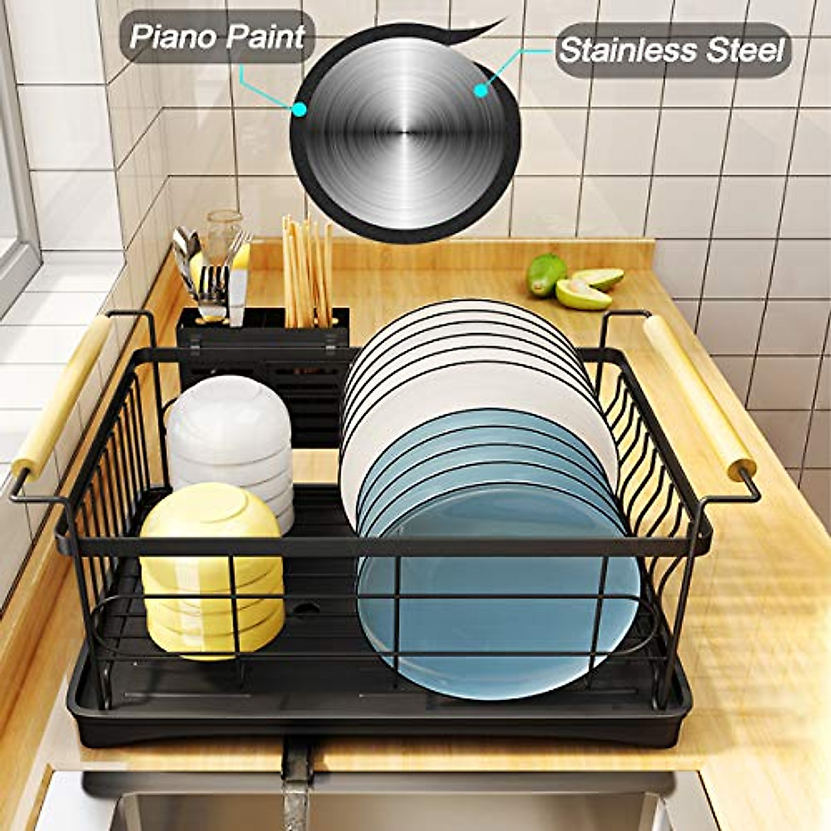 BRIAN & DANY Dish Drying Rack with Drip Tray, Stainless Steel Dish Drainer with Wooden Handles and Cutlery Holder, 18.4 x 12.5 x 9 inches, Black