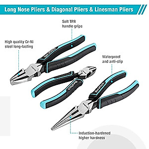 DURATECH 7-Piece Pliers Set, Premium Cr-Ni Construction (10", 8" Groove Joint Pliers, 8", 6" Long Needle Nose, 8" Linesman, 6" Slip Joint, 6" Diagonal) for Basic Repair, with Oxford Rolling Pouch