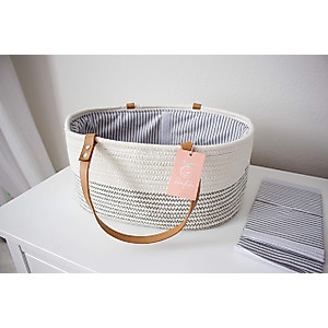 PeachyKehn Rope Baby Diaper Caddy Organizer – Trendy Nursery Storage Bin – Large Woven Cotton Tote with Removable Inserts and Eco Leather Handles – Baby Car Organizer or Shower Gift Basket