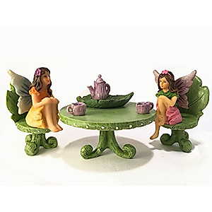 Miniature Fairy Garden Furniture Set: Leaf Bistro Set with Tea Set for Fairies and Garden Gnomes