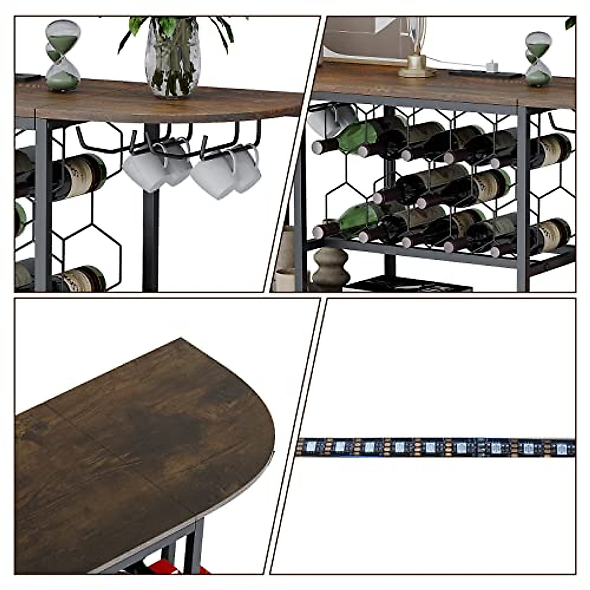 Logianis Wine Rack Table with Outlet and LED Light 47.3 Inch FreeStanding Wine Bar Rack Wooden Rustic Wine Storage with Wine Shelf and Glass Holder Wine Bar Cabinet Rustic Brown